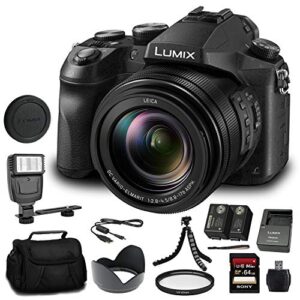 panasonic lumix dmc-fz2500 digital camera (dmc-fz2500) – bundle – with 64gb memory card + dmw-blc12 battery + digital flash + soft bag + 12 inch flexible tripod + cleaning set + more