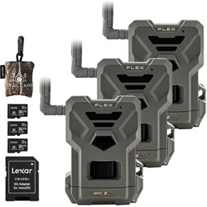 spypoint flex dual-sim cellular trail camera 33mp photos 1080p videos with sound and on-demand photo/video requests – gps enabled classic bundle with 32gb lexar sd card (3 pk)