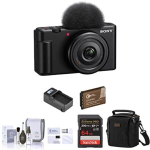 sony zv-1f vlogging camera, black bundle with 64gb sd card, shoulder bag, extra battery, charger, screen protector, cleaning kit