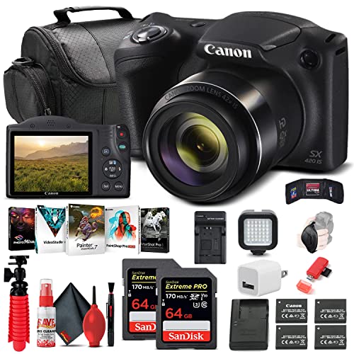 Canon PowerShot SX420 is Digital Camera (Black) (1068C001) + 2 x 64GB Memory Card + 3 x NB11L Battery + Corel Photo Software + Charger + Card Reader + LED Light + Deluxe Soft Bag + More (Renewed)