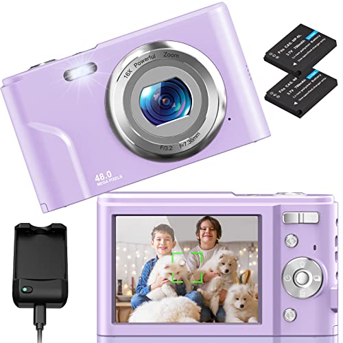 Digital Camera, NEZINI 2 Charging Mode Autofocus Kids Camera, Full HD 1080P 48MP LCD Mini Vlogging Camera, 16X Zoom Compact Pocket Camera Point and Shoot Camera for Kids Teens Beginners (Purple)