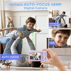 Digital Camera, NEZINI 2 Charging Mode Autofocus Kids Camera, Full HD 1080P 48MP LCD Mini Vlogging Camera, 16X Zoom Compact Pocket Camera Point and Shoot Camera for Kids Teens Beginners (Purple)