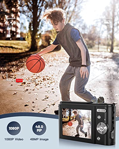 Digital Camera, Zostuic Autofocus 48MP Kids Camera with 32 GB Card 1080P Vlogging Camera with 16X Zoom, Compact Portable Mini Cameras for 4-15 Year Old Kids Children Teen Student Girls Boys(Black)