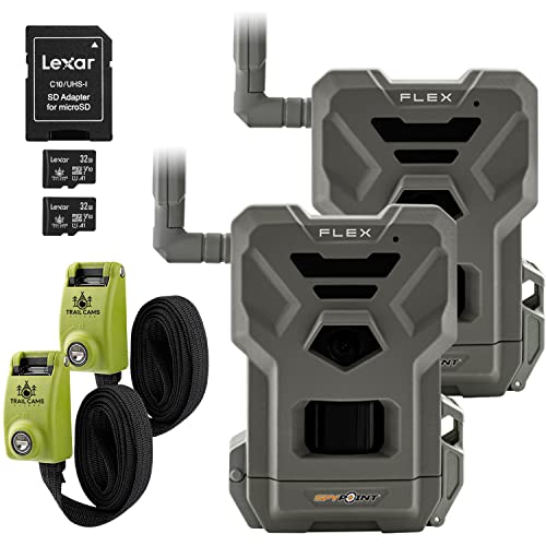 SPYPOINT Flex Dual-Sim Cellular Trail Camera 33MP Photos 1080p Videos with Sound and On-Demand Photo/Video Requests - GPS Enabled Freedom Bundle with Lexar 32GB Micro SD Card (2 PK)