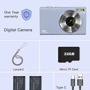 Digital Cameras for Photography Digital Camera Autofocus, 2.7K 48MP Teenager Camera with 2.8" Large Screen, 16X Zoom and 32GB Card, Compact Camera Take Macro Photos, Stylish Portable Camera for Teens