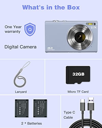 Digital Cameras for Photography Digital Camera Autofocus, 2.7K 48MP Teenager Camera with 2.8" Large Screen, 16X Zoom and 32GB Card, Compact Camera Take Macro Photos, Stylish Portable Camera for Teens