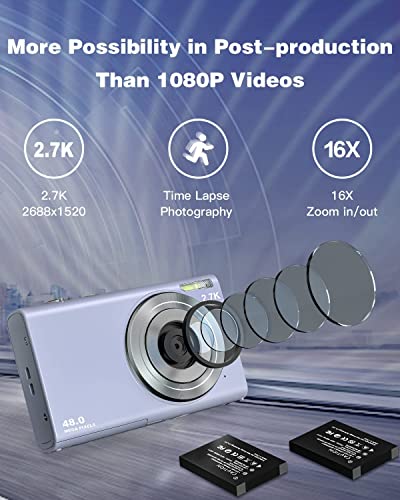 Digital Cameras for Photography Digital Camera Autofocus, 2.7K 48MP Teenager Camera with 2.8" Large Screen, 16X Zoom and 32GB Card, Compact Camera Take Macro Photos, Stylish Portable Camera for Teens