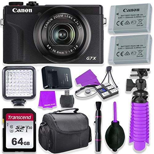 Canon PowerShot G7 X Mark III Camera w/ 1 Inch Sensor & 4k Video - Wi-Fi & Bluetooth Enabled (Black) & LED Video Light, 64GB Transcend Memory Card, Extra Battery + Accessory Bundle (Renewed)