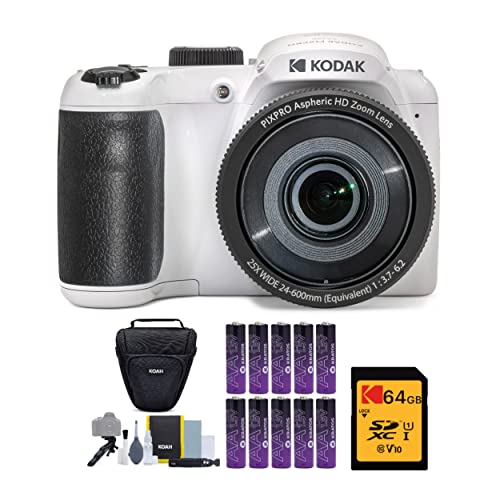 Kodak PIXPRO AZ255 Astro Zoom 16MP Digital Camera (White) Bundle with 64GB Memory Card, High-Performance Ultra Alkaline AA Batteries (10-Pack), Camera Case and Accessory (4 Items)