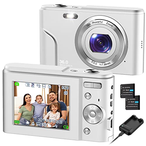 Digital Camera, RUAHETIL FHD 1080P 36MP 2.4 Inch LCD Vlogging Camera for Kids, 16X Zoom 2 Charging Modes Kids Compact Camera Point and Shoot Camera for Kids Teens Students Beginners (Silver)