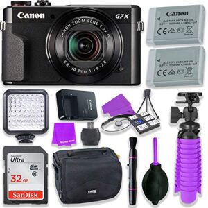 canon powershot g7 x mark ii camera w/ 1 inch sensor & tilt lcd screen – wi-fi & nfc enabled (black) & led video light, 32gb sandisk memory card, extra battery + accessory bundle (renewed)