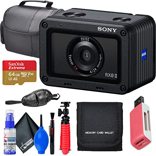 Sony RX0 Ultra-Compact Waterproof/Shockproof Camera (DSC-RX0) + 64GB Memory Card + Case + Card Reader + Flex Tripod + Hand Strap + Memory Wallet + Cleaning Kit