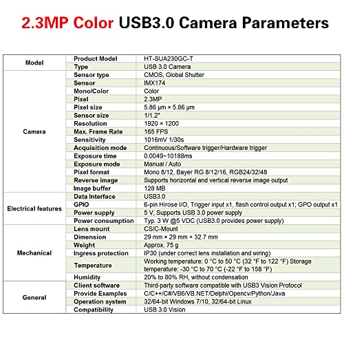 HTENG VISHI High Speed USB3.0 Color 2.3MP 1/1.2" Machine Vision Global Shutter Digital Industrial Camera C-Mouth Supports Windows and Linux SDK Indoor Area Scan Camera 1920x1200 165FPS