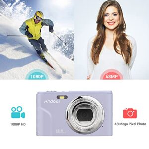 Andoer Portable Digital Camera 48MP 1080P 2.4-inch IPS Screen 16X Zoom Auto Focus Self-Timer 128GB Extended Memory Face Detection Anti-Shaking with 2pcs Batteries Hand Strap Carry Pouch