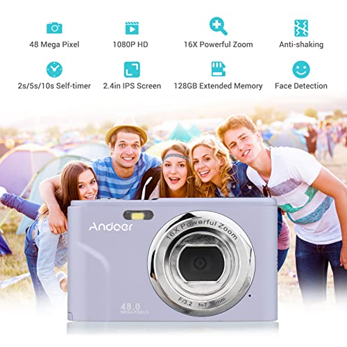 Andoer Portable Digital Camera 48MP 1080P 2.4-inch IPS Screen 16X Zoom Auto Focus Self-Timer 128GB Extended Memory Face Detection Anti-Shaking with 2pcs Batteries Hand Strap Carry Pouch