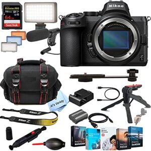 nikon z5 mirrorless digital camera 24.3mp body (no lens) + shot-gun microphone + led always on light+ 64gb extreme speed card, gripod, case, and more (26pc video bundle)