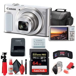 canon powershot sx620 hs digital camera (silver) (1074c001), 64gb card, card reader, soft bag, flex tripod, hand strap, memory card holder, cleaning kit (renewed)