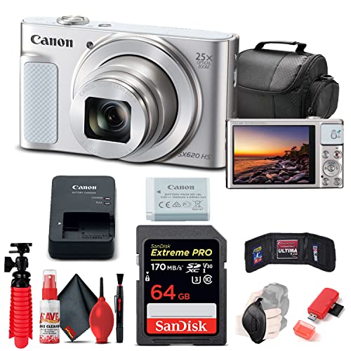 Canon PowerShot SX620 HS Digital Camera (Silver) (1074C001), 64GB Card, Card Reader, Soft Bag, Flex Tripod, Hand Strap, Memory Card Holder, Cleaning Kit (Renewed)