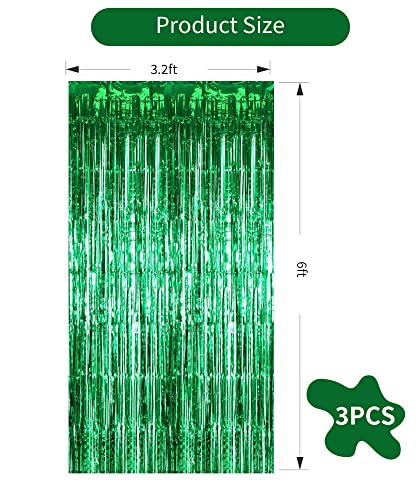 3Pcs Green Metallic Tinsel Foil Fringe Curtains,3.28ft x 6.56ft Green Photo Booth Backdrop Streamer Curtain,Photo Booth Props,Ideal for Bachelorette,Birthday,Christmas,New Year Party Decorations