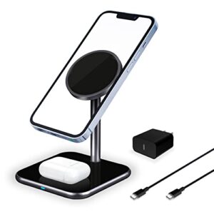 aluminum 2 in 1 magnetic wireless charger, neluxfe fast charging station compatible with magsafe stand for iphone 14, 13, 12, pro max and airpods pro (black)