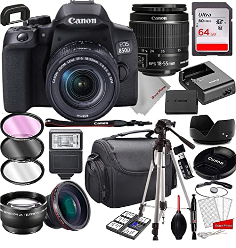 Canon EOS 850D (Rebel T8i) DSLR Camera with 18-55mm is STM Zoom Lens Bundle + 64GB Memory, Case, Tripod and More