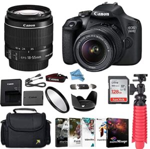 eos rebel 2000d dslr camera bundle with ef-s 18-55mm f/3.5-5.6 is ii lens + gadget case + sandisk 128gb ultra memory card + photo software suite + accessory kit + model electronics cloth. (renewed)