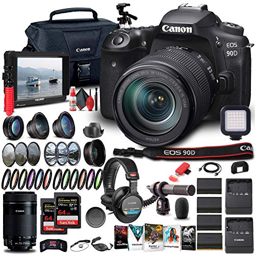 Canon EOS 90D DSLR Camera with 18-135mm Lens (3616C016) + EF-S 55-250mm Lens + 4K Monitor + Pro Headphones + Pro Mic + 2 x 64GB Memory Card + Case + Corel Photo Software + Pro Tripod + More (Renewed)