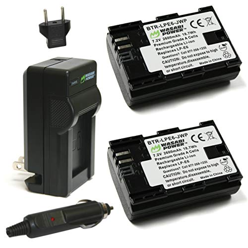 Wasabi Power LP-E6, LP-E6N Battery (2-Pack) and Charger for Canon EOS 5D Mark II/III/IV, 5DS, 5DS R, 6D, 6D Mark II, 7D, 7D Mark II, 60D, 70D, 80D, 90D, R, R5, R6, Ra, XC10, XC15, BMPCC 4K, BMPCC 6K