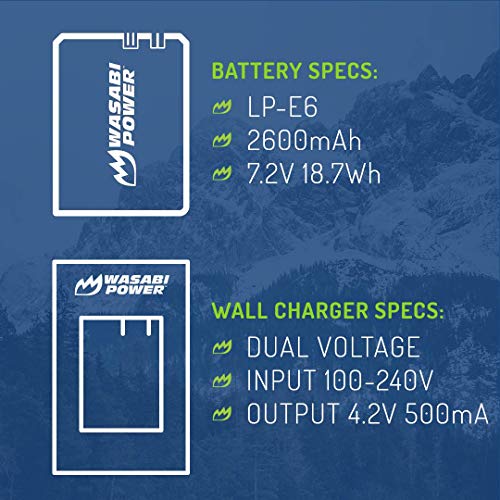 Wasabi Power LP-E6, LP-E6N Battery (2-Pack) and Charger for Canon EOS 5D Mark II/III/IV, 5DS, 5DS R, 6D, 6D Mark II, 7D, 7D Mark II, 60D, 70D, 80D, 90D, R, R5, R6, Ra, XC10, XC15, BMPCC 4K, BMPCC 6K