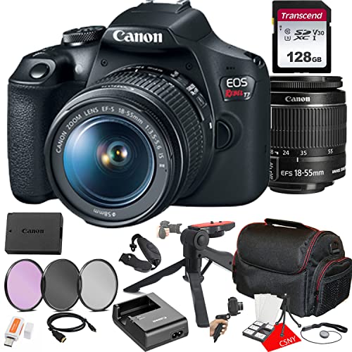 Canon EOS Rebel T7 DSLR Camera with 18-55mm Lens + 128GB Memory + Case + Filters + Tripod + 3 Piece Filter Kit + More (24pc Bundle)