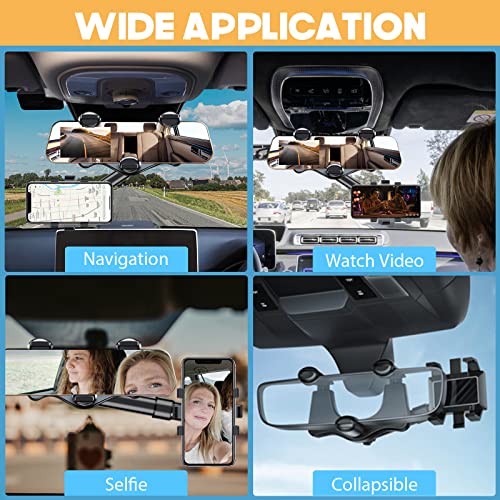 Car Rearview Mirror Phone Holder, Multifunctional Rearview Mirror Phone Holder for Car Upgraded 360° Rotatable and Retractable Car Phone Holder Mount Adjustable Car Rear View Mirror Cell Phone Holder