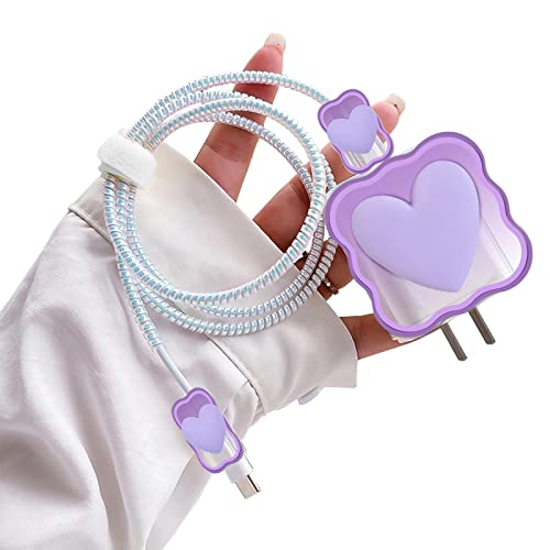 Cute Cable Protector for iPhone Charger with Lovely Design 3D Love Heart Data Cable Bite USB Charger Data Line Phone Wire Saver Protector Fit for iPhone 11 12 13 14 Pro Max Charger Protector-Purple