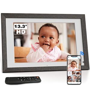 bsimb 32gb 13.3 inch wood-effect wifi digital photo frame hd ips touch screen smart large picture frame with remote control, auto-rotate, wall mountable, easy to share photos & videos via app & email