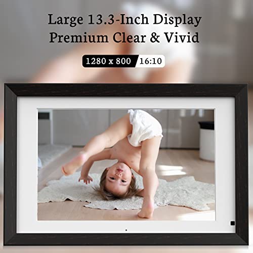 BSIMB 32GB 13.3 Inch Wood-Effect WiFi Digital Photo Frame HD IPS Touch Screen Smart Large Picture Frame with Remote Control, Auto-Rotate, Wall Mountable, Easy to Share Photos & Videos via App & Email