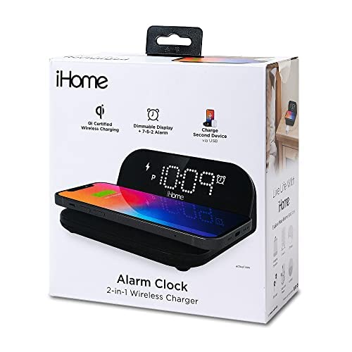 iHome Alarm Clock with Wireless Charging, iPhone Charger and Samsung Charger with USB Charger for Apple and Android Devices