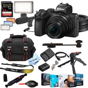 nikon z50 mirrorless digital camera 20.9mp w/nikkor z 16-50mm lens + shot-gun microphone + led always on light+ 64gb extreme speed card, gripod, case, and more (26pc video bundle)