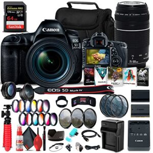 canon eos 5d mark iv dslr camera with 24-70mm f/4l lens (1483c018) + canon ef 75-300mm f/4-5.6 iii lens (6473a003) + 64gb memory card + color filter kit + filter kit + lpe6 battery + more (renewed)