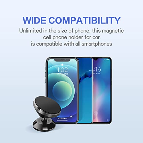 2 Pack Magnetic Phone Car Mount, Strong Magnet Cell Phone Holder with 4 Metal Plate, Dashboard 360° Rotation & Degrees View, Adjustable Magnet Cell Phone Mount Compatible with iPhone, Samsung and More