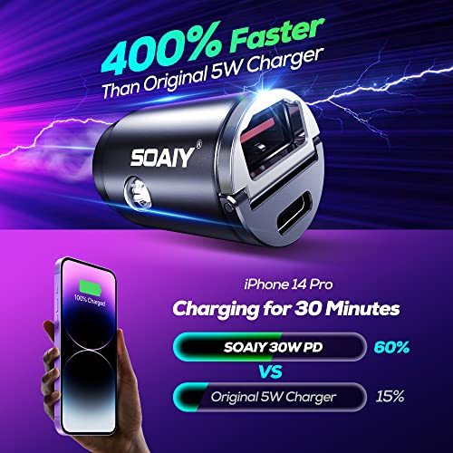 Car Charger USB C, PD 30W & QC 30W Fast Charging Car Charger Adapter [Ultra-Mini, Flush Fit, All Metal], Compatible with iPhone 14 13 12 Samsung S22/21/20 Pixel All Smartphone