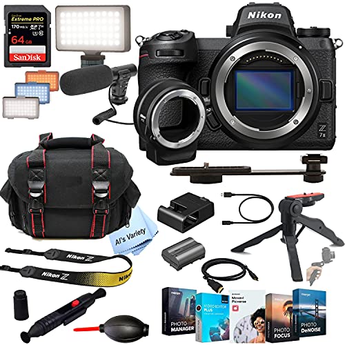 Al's Variety-Nikon Intl. Nikon Z7II Mirrorless Digital Camera 45.7MP Body (No Lens)+FTZ Mount Adapter+Shot-Gun Microphone+LED Always on Light+64GB Extreme Speed Card, Gripod,Case (26pc Video Bundle)