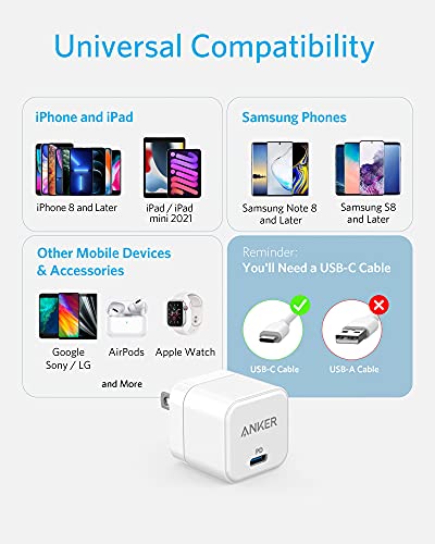 USB C Charger, Anker 20W Fast Charger with Foldable Plug, PowerPort III 20W Cube Charger for iPhone 14/14 Plus/14 Pro/14 Pro Max/13, Galaxy, Pixel 4/3, iPad/iPad Mini, and More (Cable Not Included)