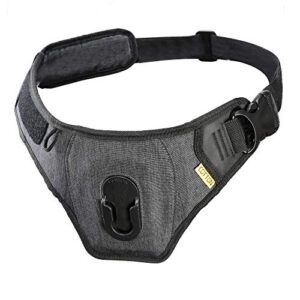 cotton carrier slingbelt with tether for one camera. camera harness for hiking and traveling for hands-free carrying