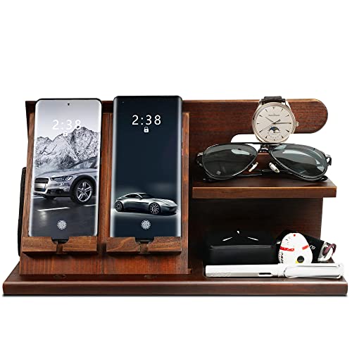 Gifts for Men Wood Phone Docking Station for Men Nightstand Organizer Key Holder Wallet Stand Watch Husband Wife Anniversary Dad Man Birthday