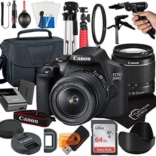 Canon EOS 2000D / Rebel T7 DSLR Camera with 18-55mm Zoom Lens + Platinum Mobile Accessory Bundle Package Includes: SanDisk 32GB Card, Case and More (21pc Bundle) (18-55MM Lens, 64GB Card) (Renewed)