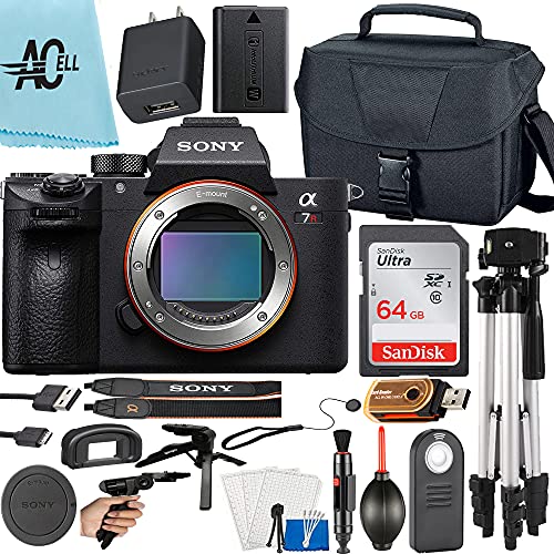 Sony Alpha a7R III Mirrorless Digital Camera (Body Only) + SanDisk 32GB Memory Card, Case, Tripod and A-Cell Accessory Bundle (18pc Bundle) (64GB Memory Card)