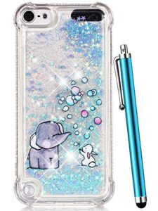 caiyunl ipod touch 7 case, ipod touch 6 /touch 5 case glitter, liquid sparkle bling cute clear soft tpu girls women kids protective case cover for ipod touch 7th /6th/5th generation -blue elephant