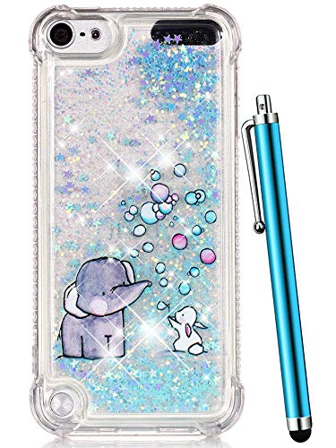 CAIYUNL iPod Touch 7 Case, iPod Touch 6 /Touch 5 Case Glitter, Liquid Sparkle Bling Cute Clear Soft TPU Girls Women Kids Protective Case Cover for iPod Touch 7th /6th/5th Generation -Blue Elephant