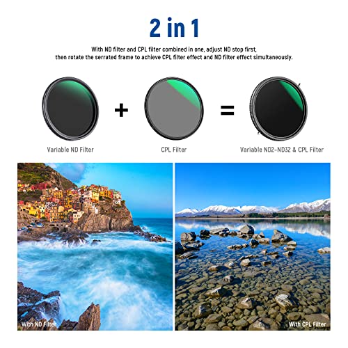 NEEWER 2 in 1 77mm Variable ND Filter ND2–ND32&CPL Filter(Circular Polarizer Filter) No X Cross/30 Layer Nano Coated/HD Optical Glass/Ultra Slim Aluminum Alloy Frame/Water Repellent/Scratch Resistant