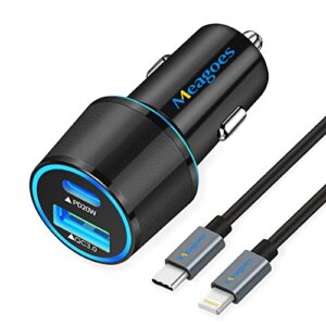 fast usb c car charger, meagoes 20w pd rapid charging adapter compatible for apple iphone 14 pro max/14 pro/14 plus/14/13/12/mini/11/xs/xr/x/8 plus/se 3-3.3ft mfi certified type c to lightning cable