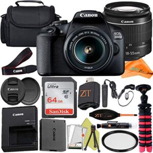 canon eos 2000d (rebel t7) digital slr camera 24.1mp sensor with 18-55mm lens + zeetech accessory bundle, sandisk 64gb memory card, case and tripod. (renewed)